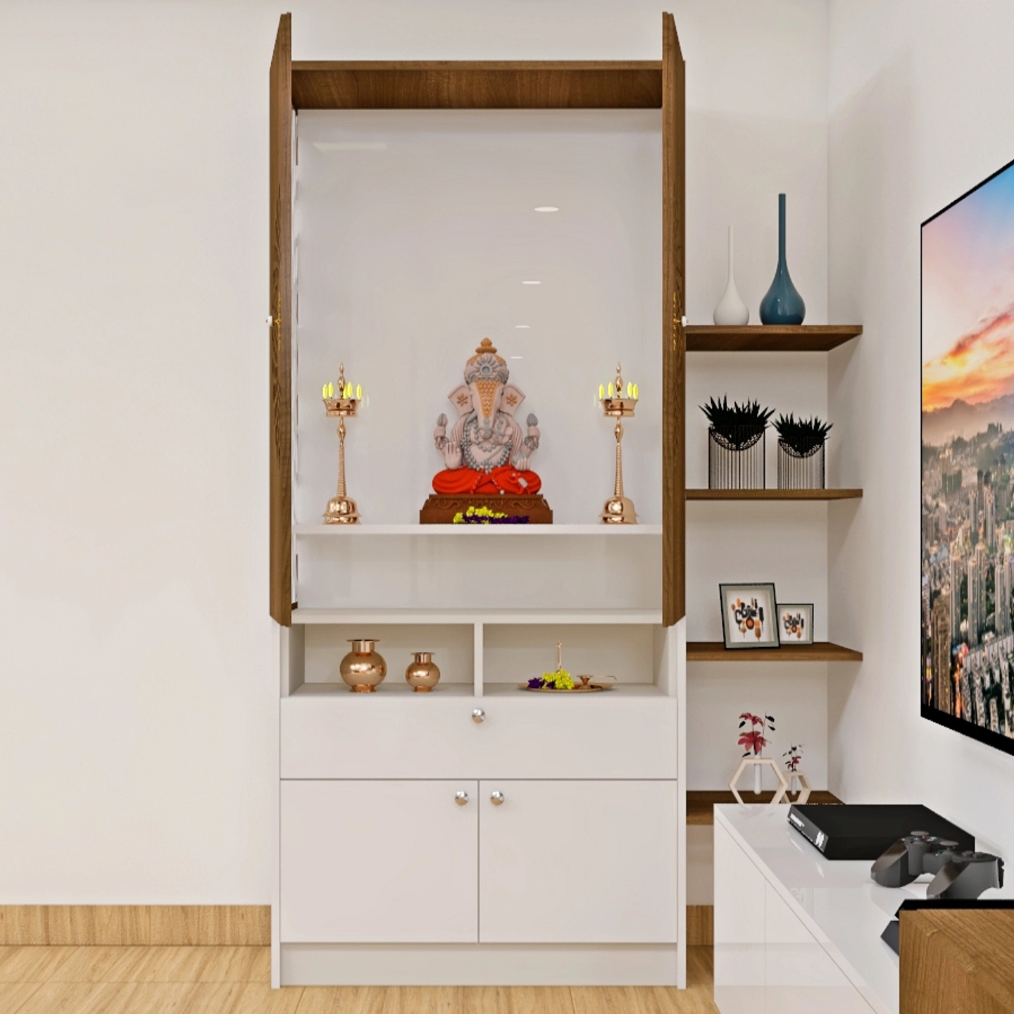 Modern Compact Pooja Mandir Design with Storage Space | Livspace