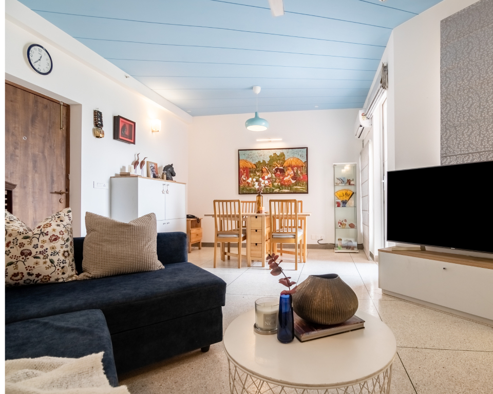 Blue-Toned False Ceiling With Pendant Lightings | Livspace