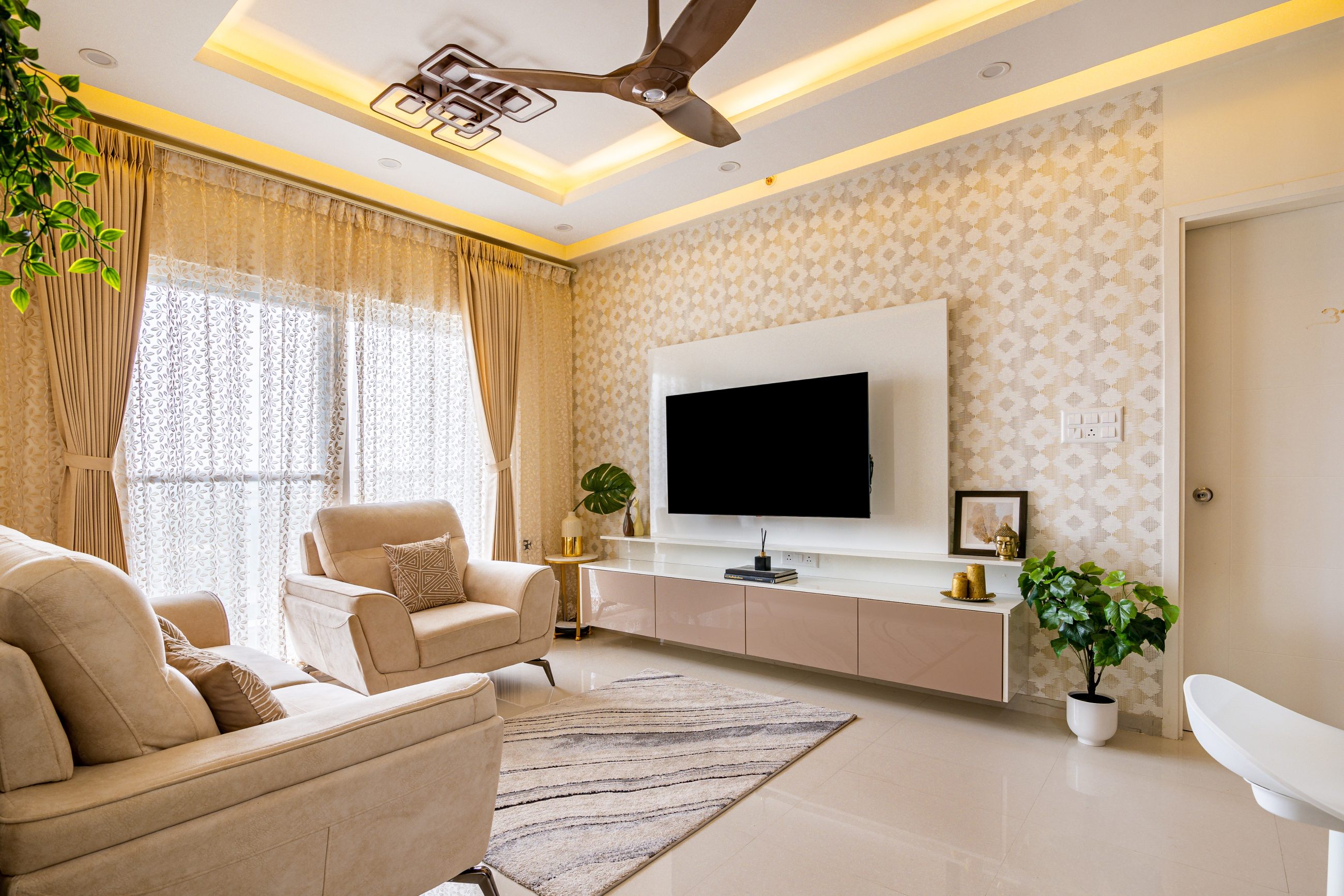 Peripheral Ceiling Design With Warm Strip Lighting | Livspace