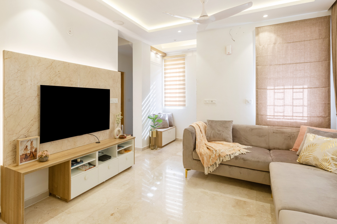 Living Room Flooring Design With Cream-Coloured Tiles | Livspace