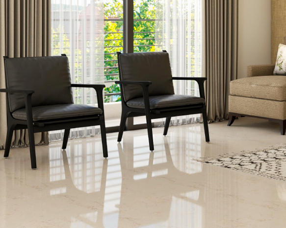 Glossy Beige Living Room Flooring Design | Livspace