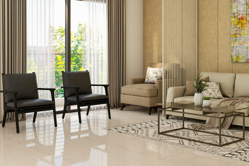 Glossy Beige Living Room Flooring Design | Livspace
