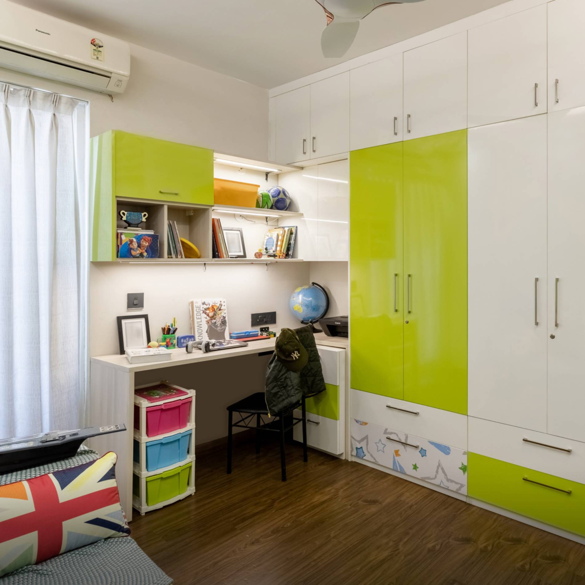 Spacious Lime And White Study Room Design With Integrated Wardrobe | Livspace