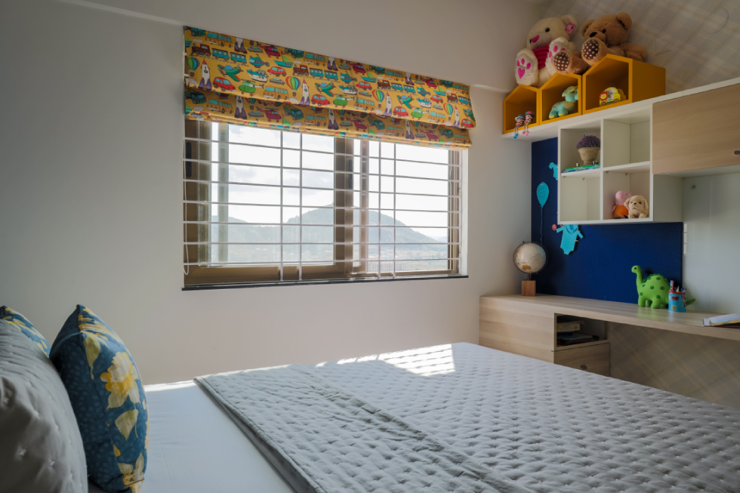 Compact Kids Room Design With Glossy Beige Wardrobe - 10x10 Ft | Livspace