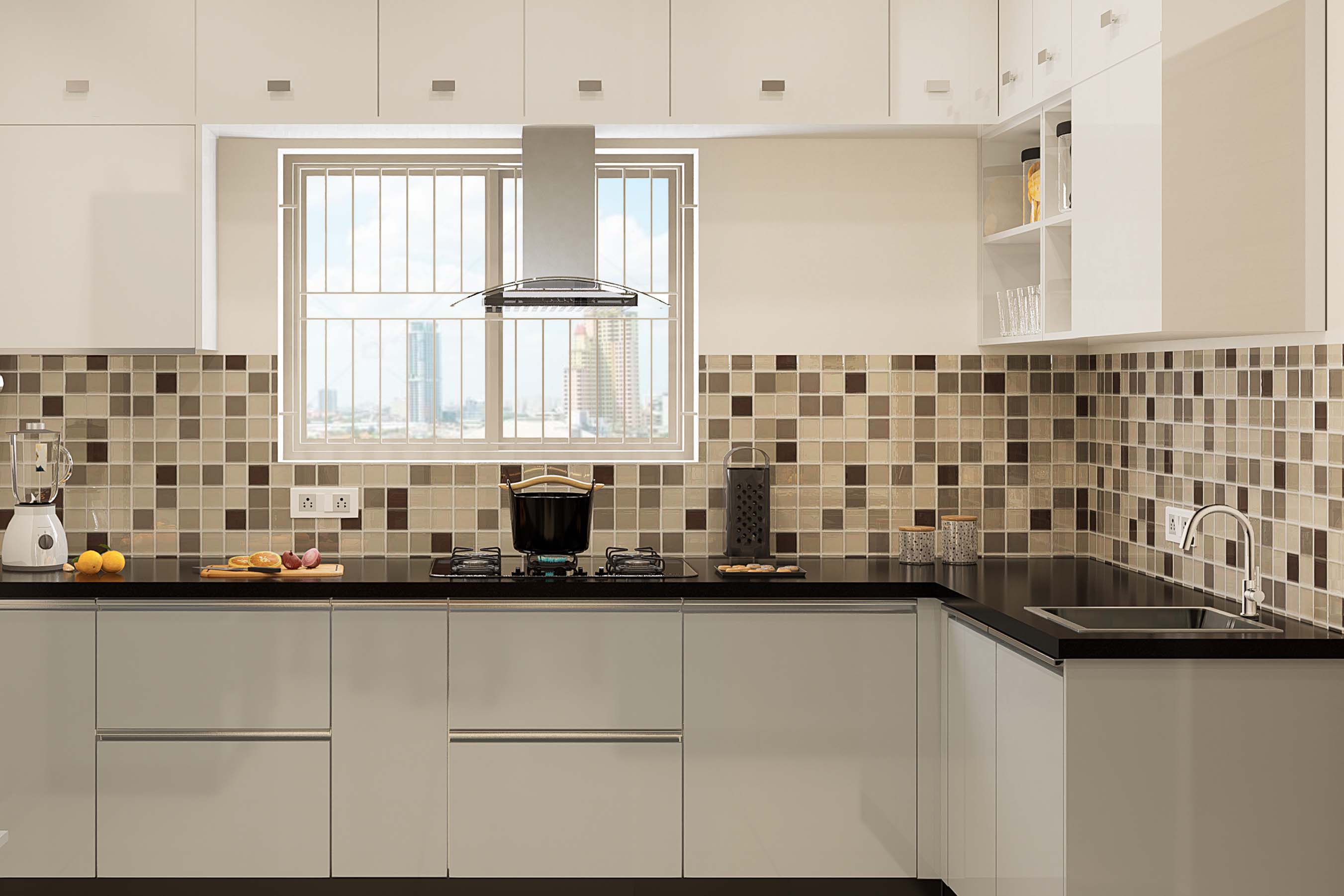 Monochromed Kitchen Tile Design With A Square Wall Dado | Livspace