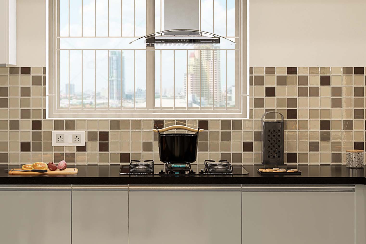 Monochromed Kitchen Tile Design With A Square Wall Dado | Livspace