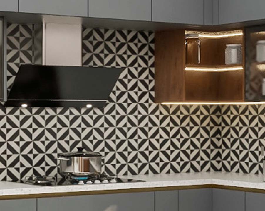 Patterned Kitchen Tile Design With A Wall Dado | Livspace
