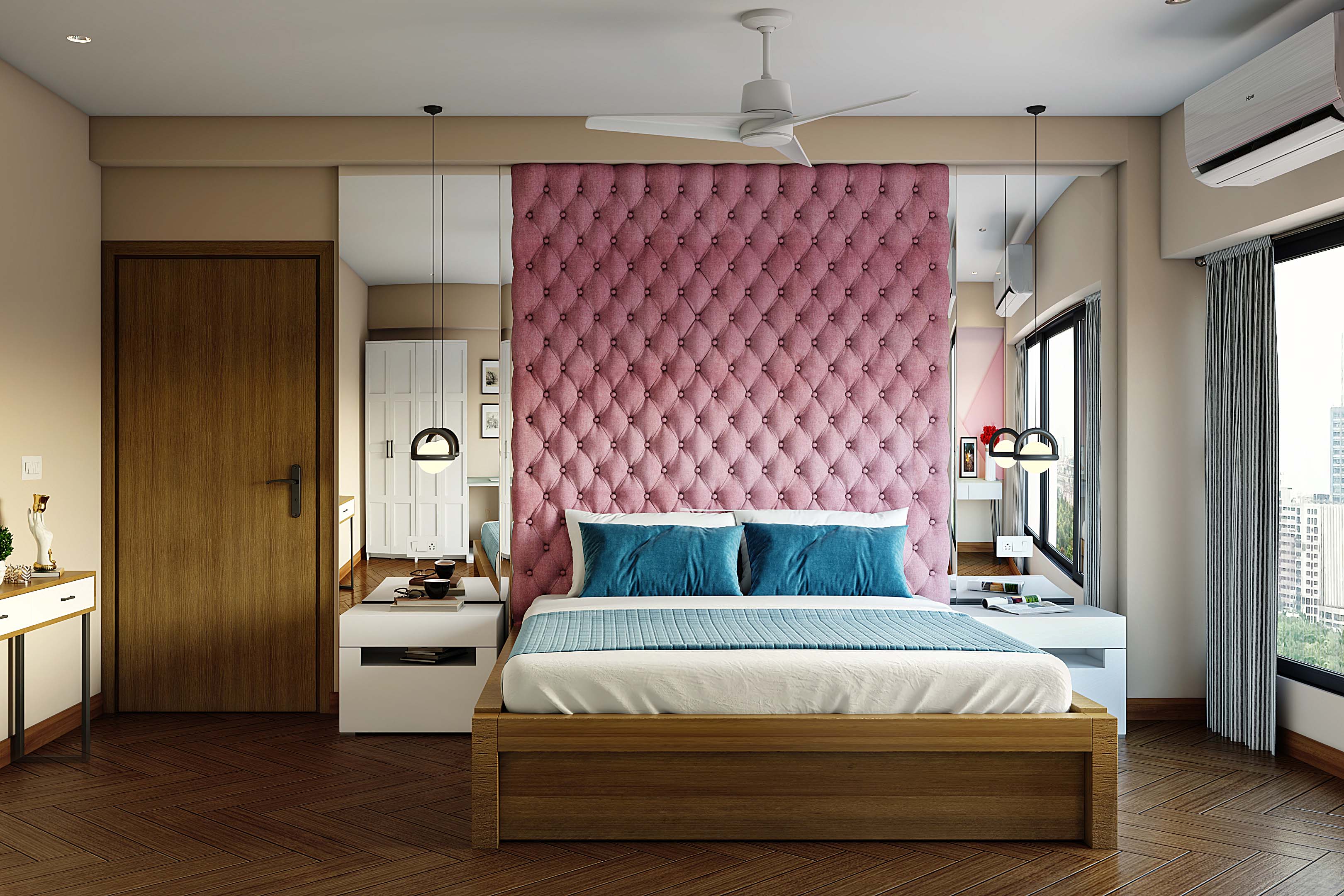 Dramatic Bedroom Tile Design With A Smoky-Style Chevron Floor Tiles ...