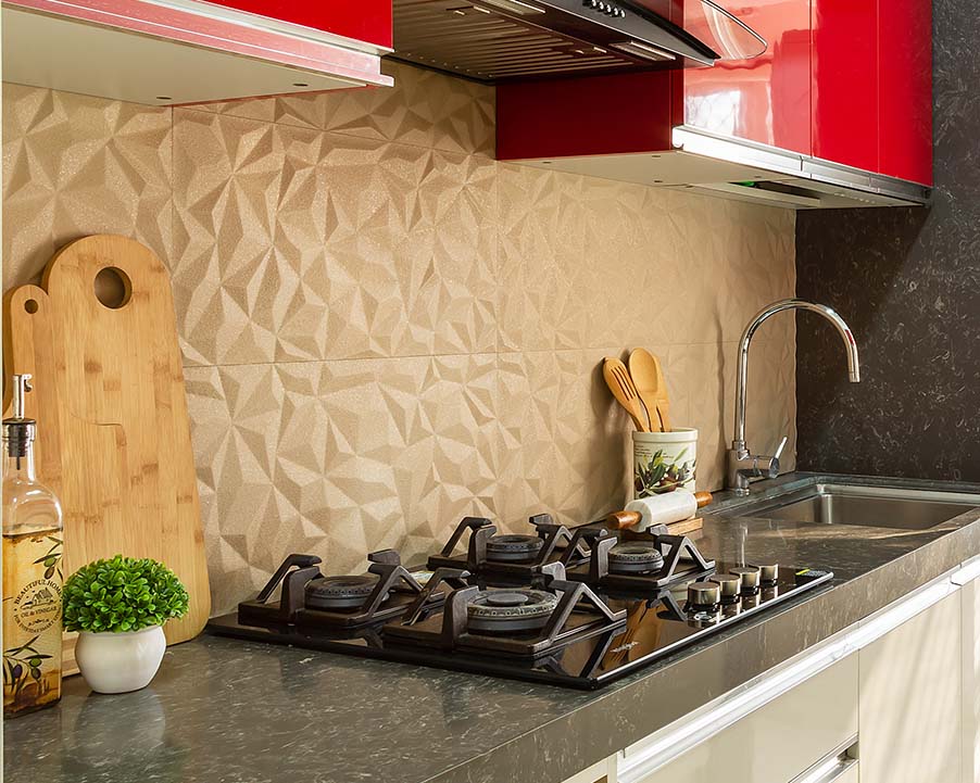 Ceramic Red And White Modular Kitchen With 3D Tiles Design For Kitchen ...