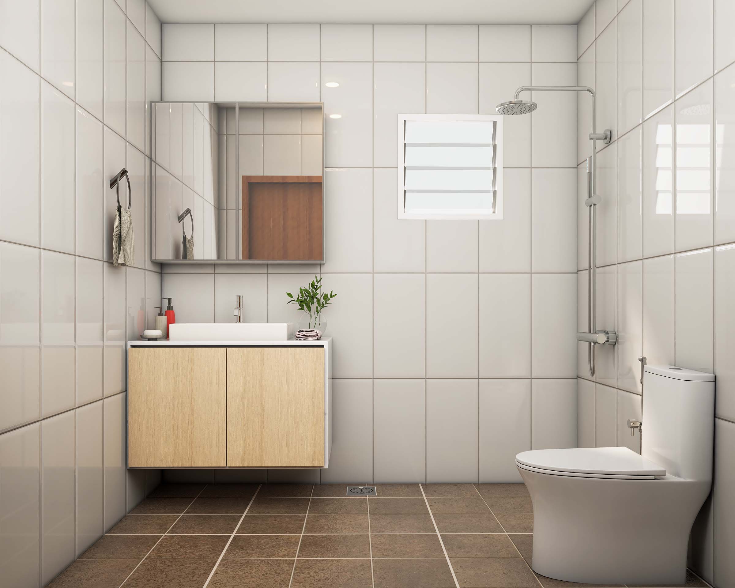 Neutral-Toned Bathroom Tile Design With A Glossy Wall Dado | Livspace