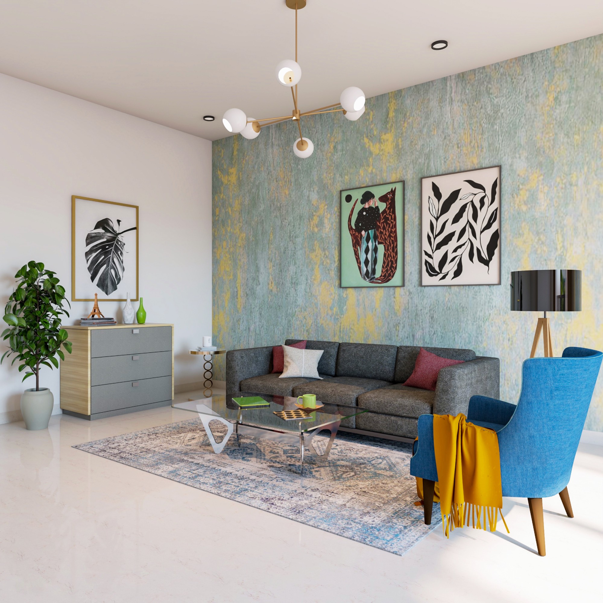 Cream Living Room Tile Design With A Smooth Finish | Livspace