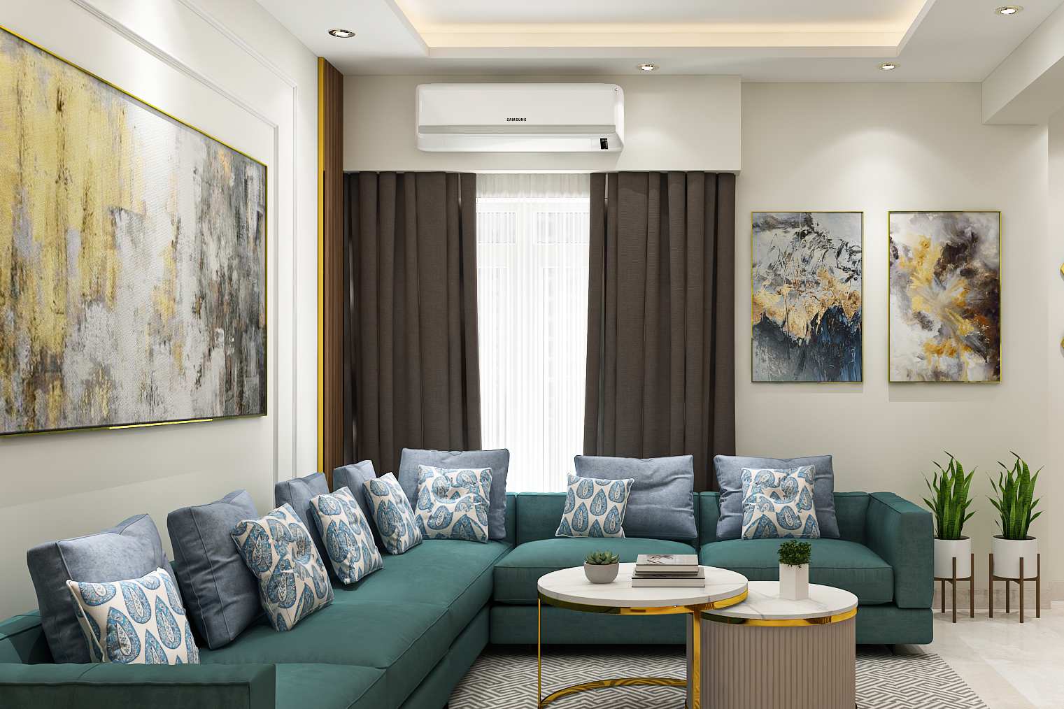 White And Gold Accent Wall Colour Combination For Living Rooms | Livspace
