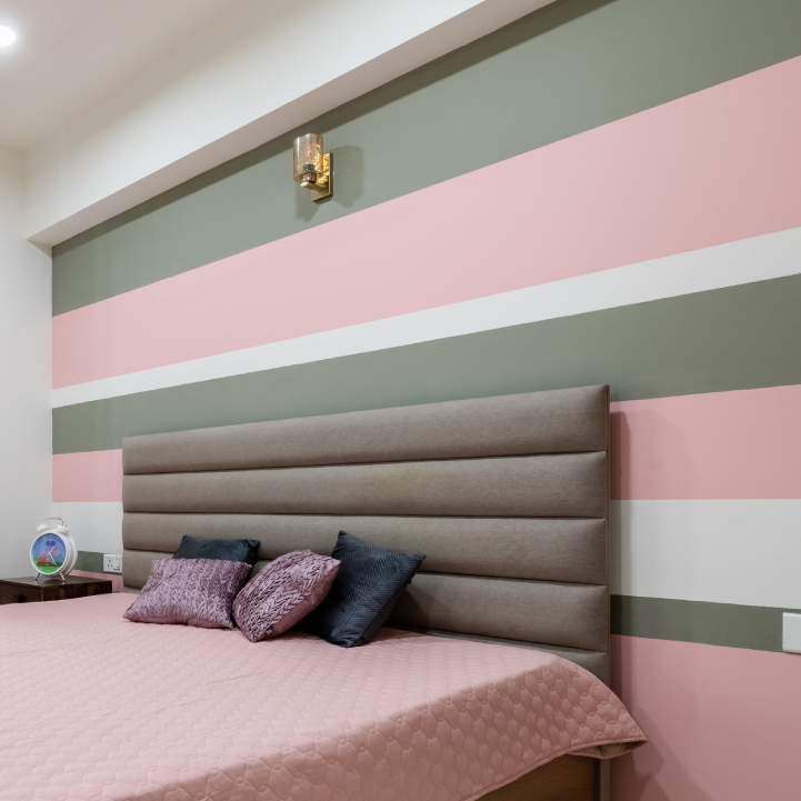 Olive Green, Pink, And White Striped Wall Paint Design | Livspace