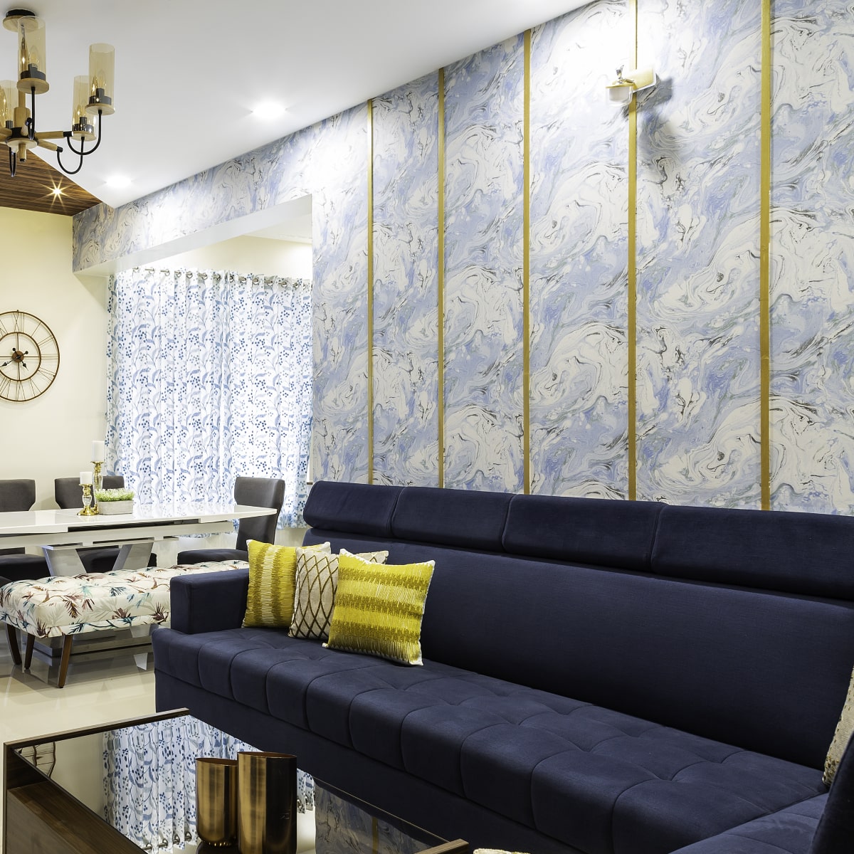 Marble-Themed Wallpaper For Living Rooms With Golden Inlays | Livspace