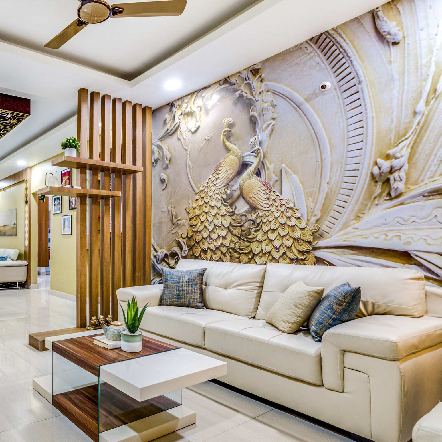 Compact Living Room Wallpaper Design With A Mural | Livspace