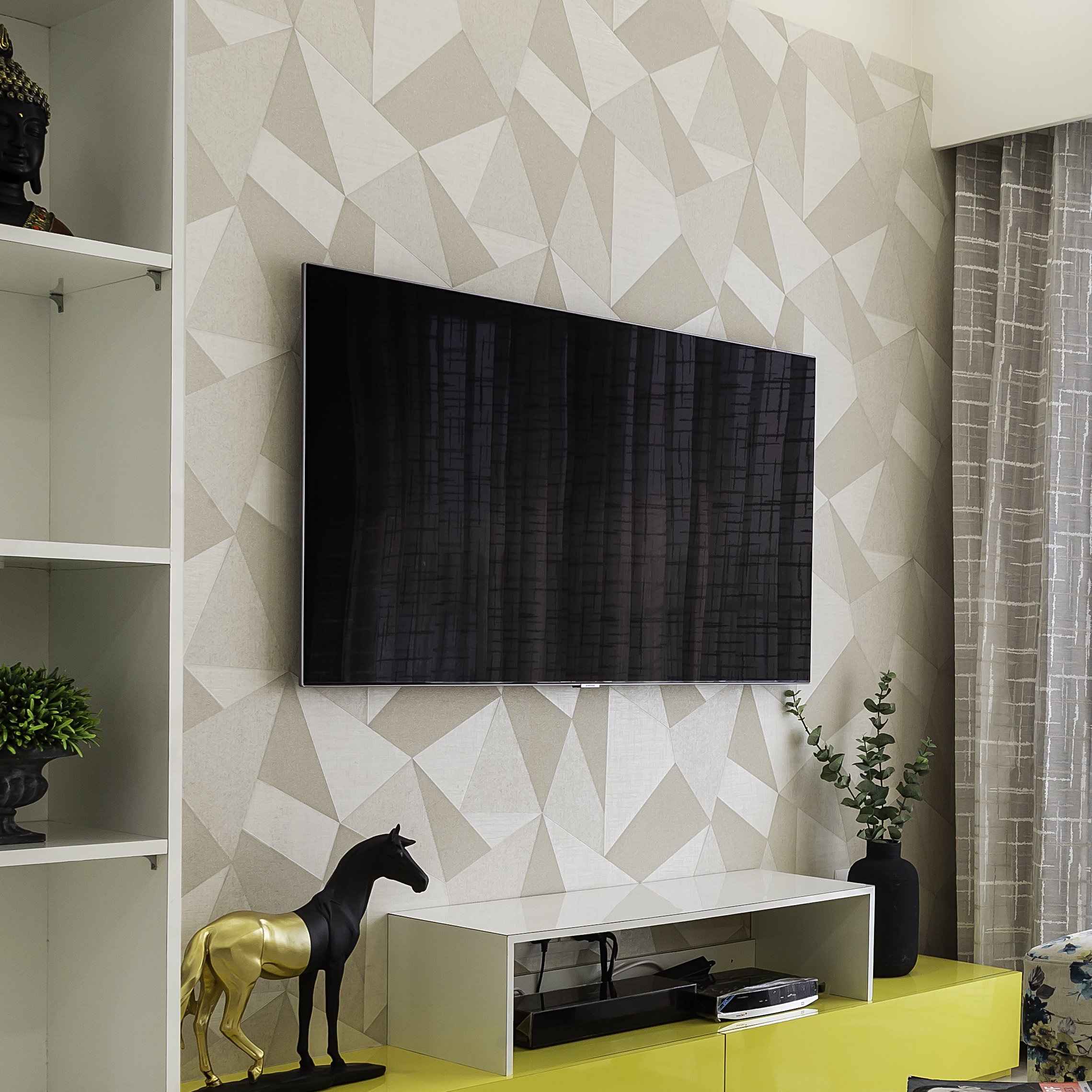 White Patterned Wallpaper Design For Living Rooms | Livspace