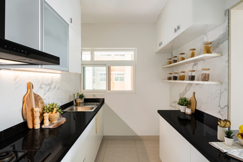 Kitchen Window Design With A White Frame | Livspace