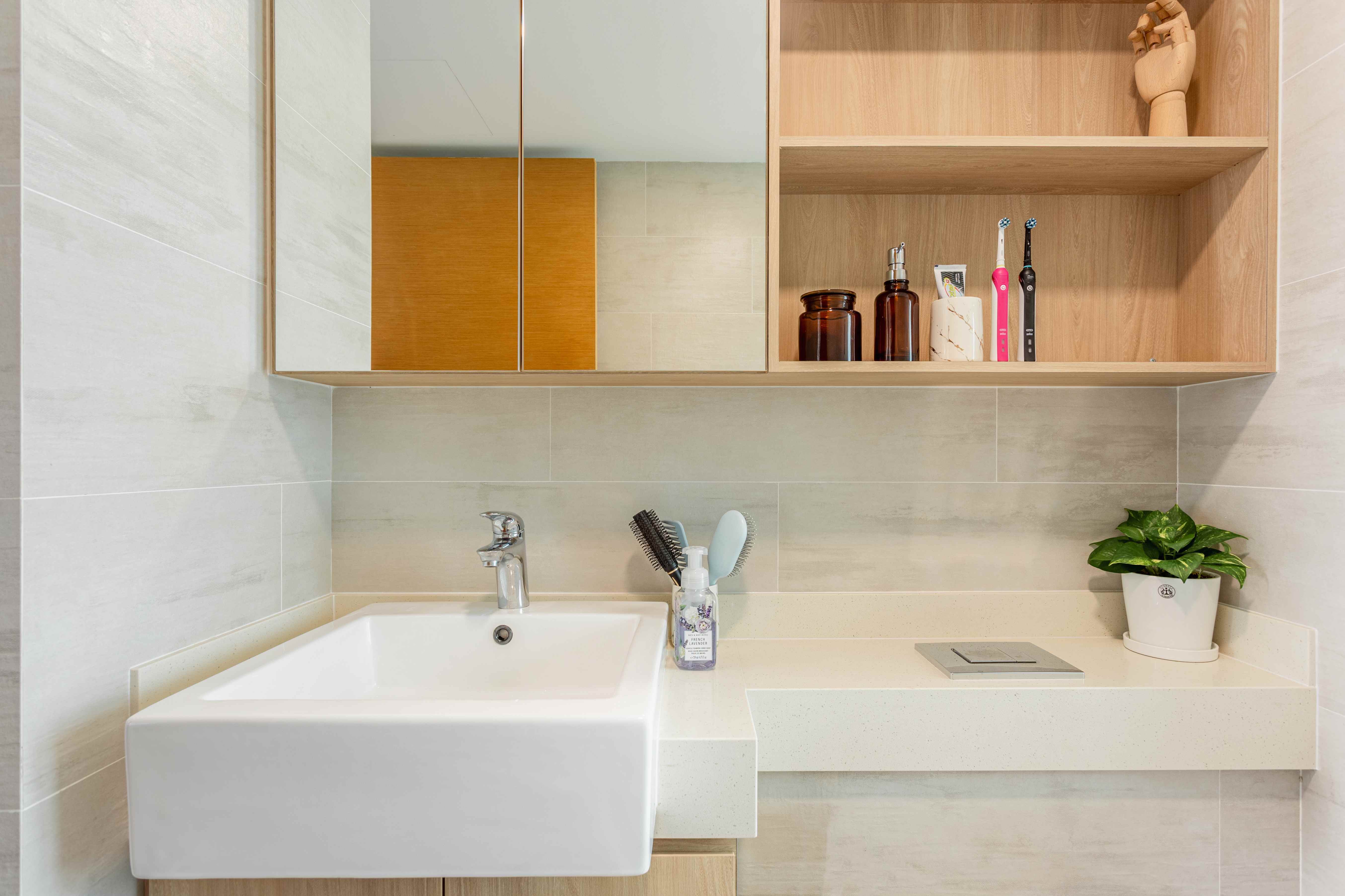 This Scandinavian neutral tone styled tiles design for condos lends a ...