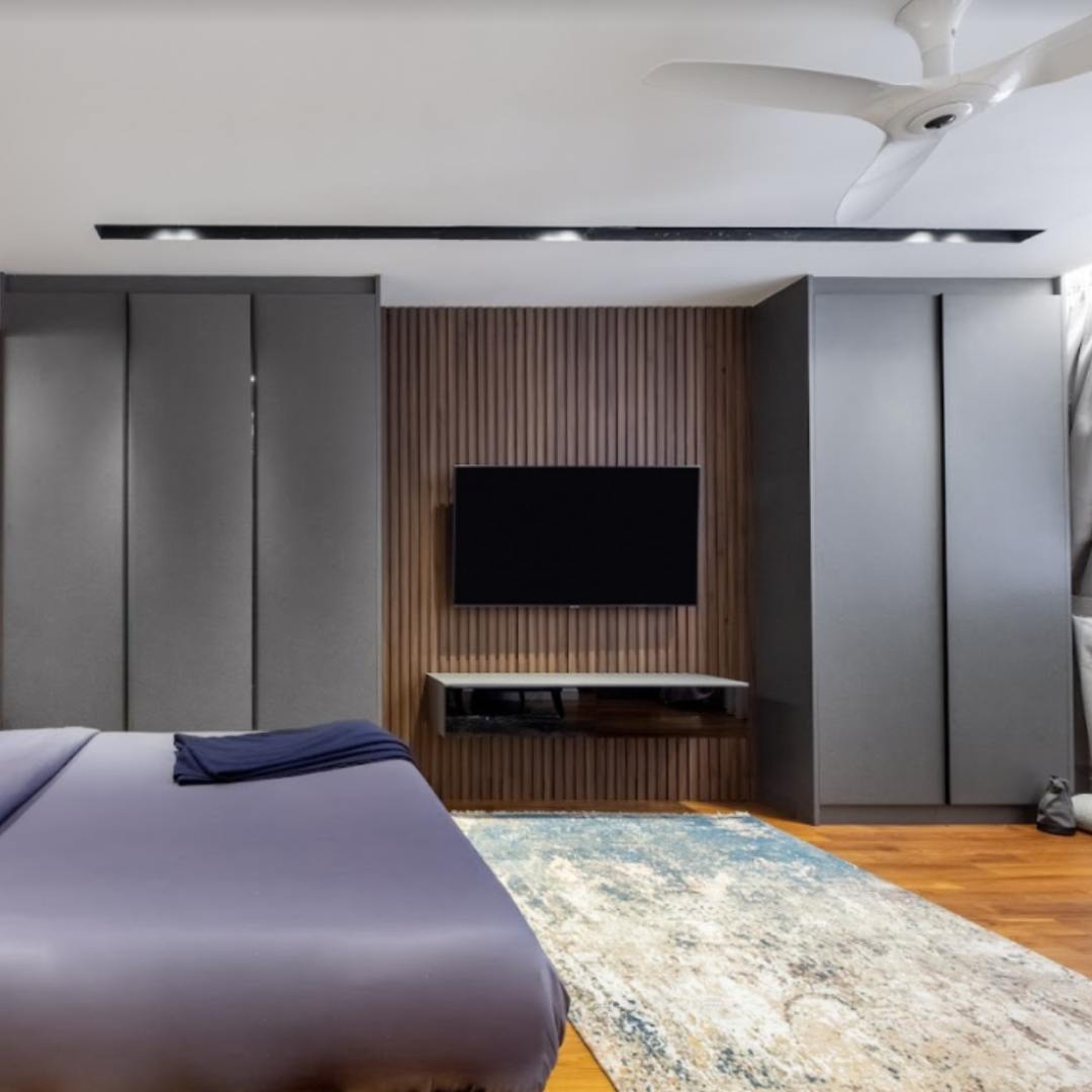 Wall-Mounted TV Console With Black Glass Shutters | Livspace