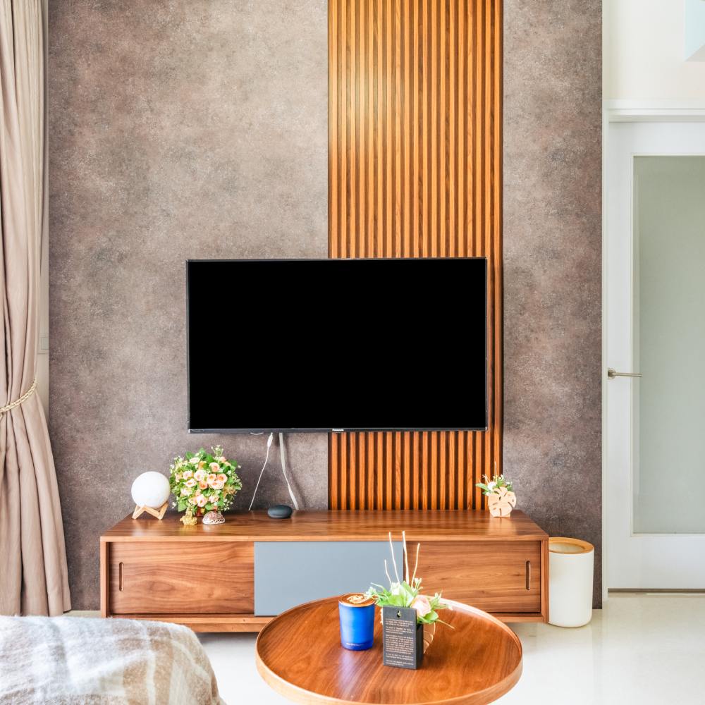 5 Feet Wide Grey And Brown TV Cabinet Design | Livspace