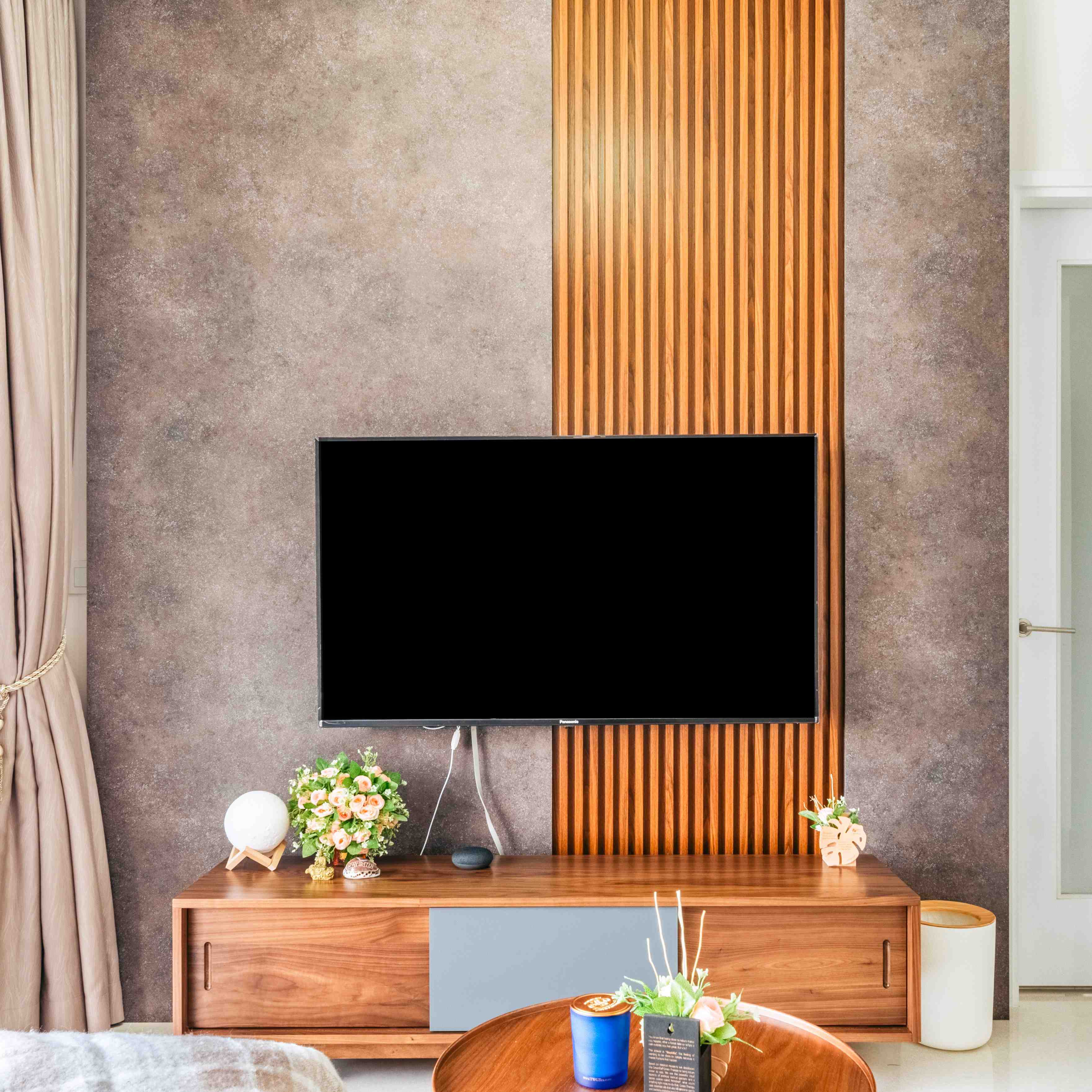 Textured TV Wall Design With Wooden Details | Livspace