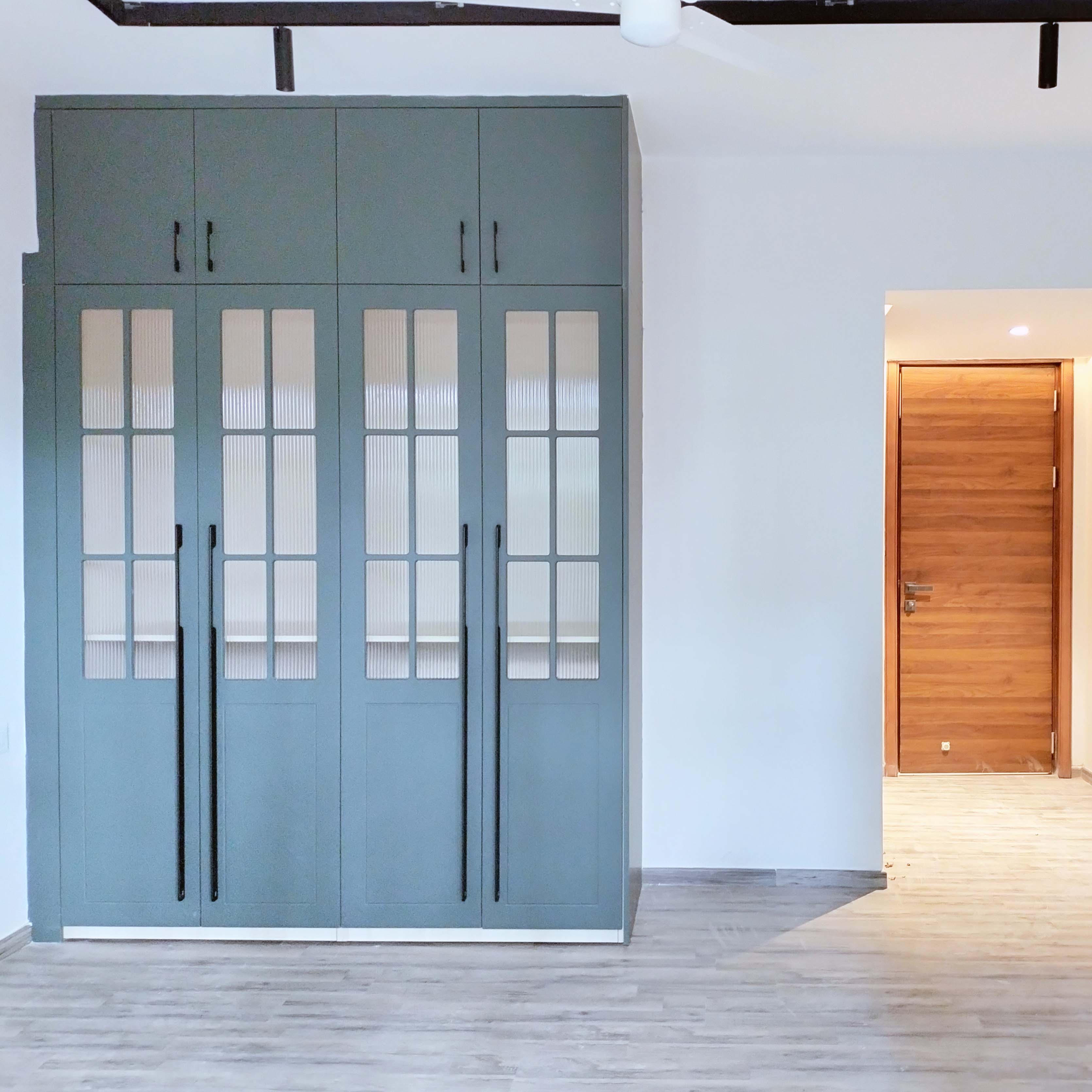 4-Door Modern Teal Green Swing Wardrobe Design with Glass Panel Doors ...