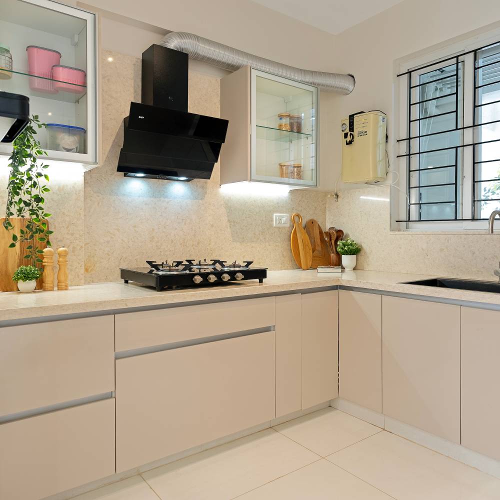 Cream Contemporary Open Kitchen Design with Quartz Countertop and Suede ...