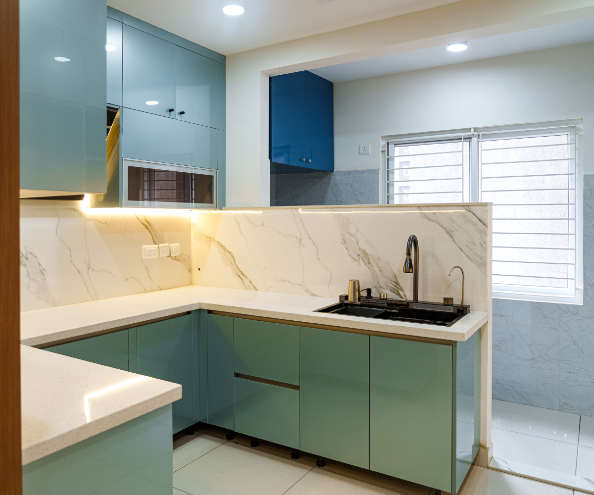 U-Shaped Kitchen Design With Glossy Aqua Cabinets and Quartz Top | Livspace