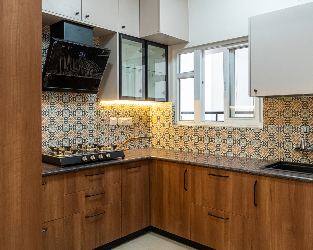 Rustic L-Shaped Kitchen Design With Magas Walnut Cabinets and Patterned ...