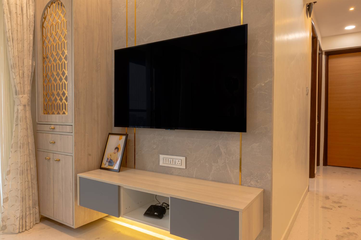 Suede Finish Laminate Shutters Contemporary TV Unit Design with Smart ...