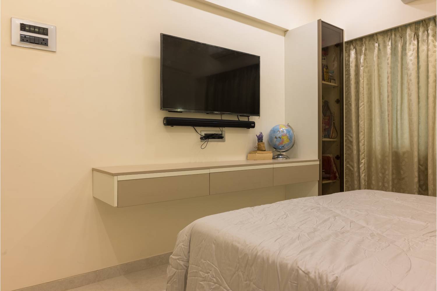 White and Beige Minimal Bedroom TV Unit Design With Floating Drawers ...