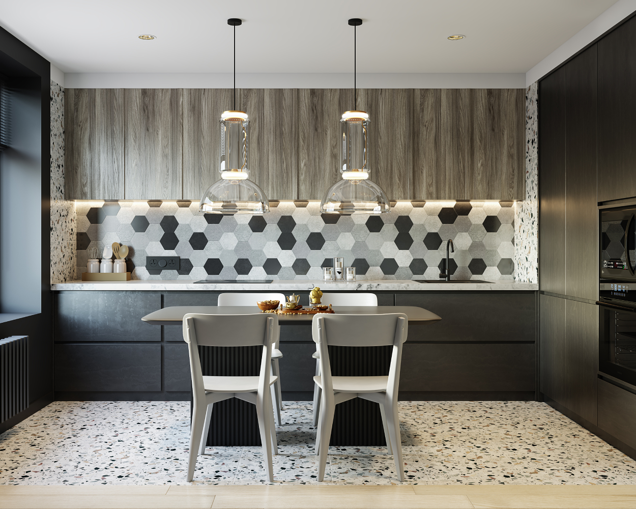 Black And Dark Brown Open Kitchen Design With Quartz Countertop | Livspace
