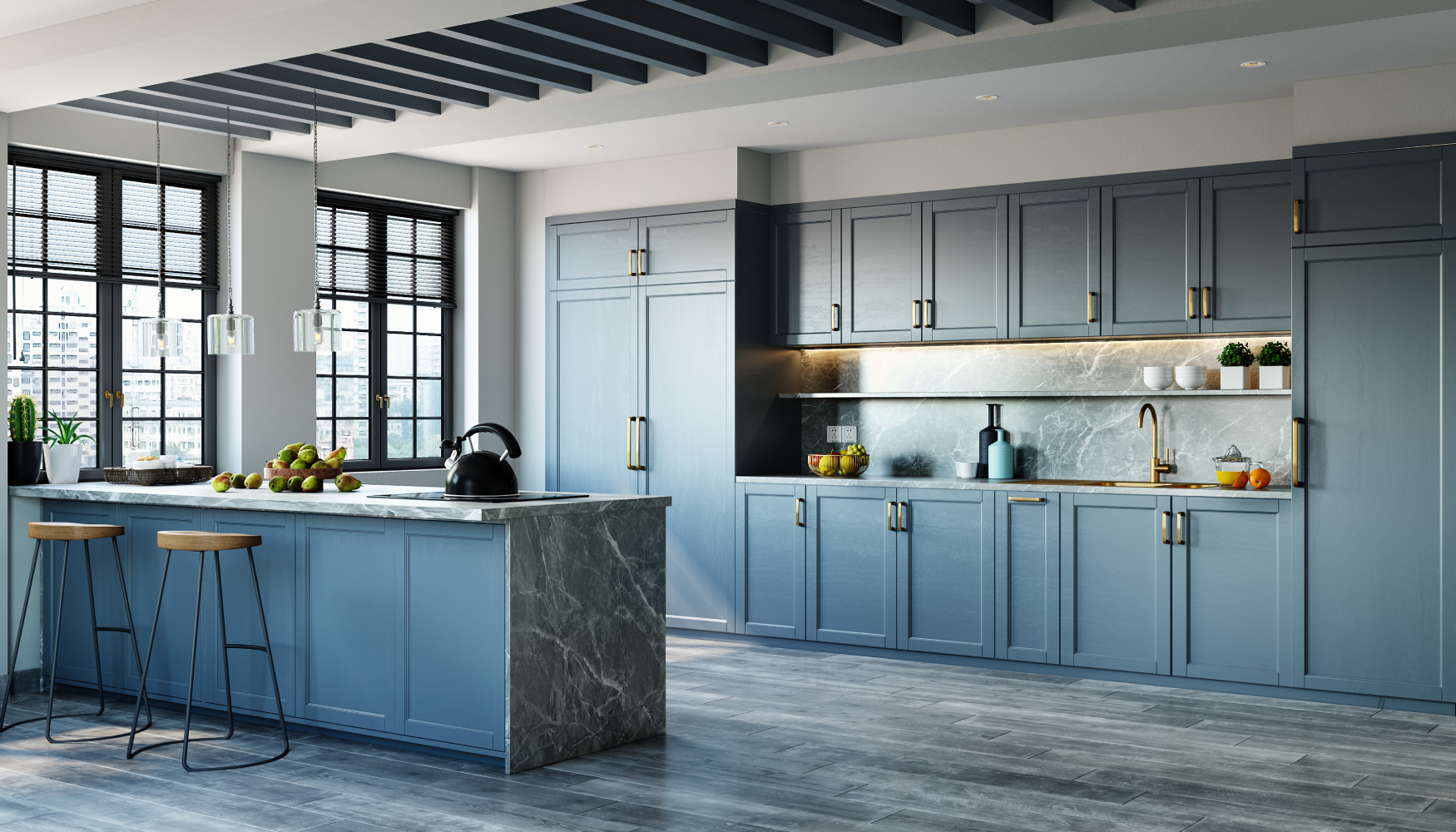 Modern Blue Open Kitchen Design with Quartz Countertop and Brass ...