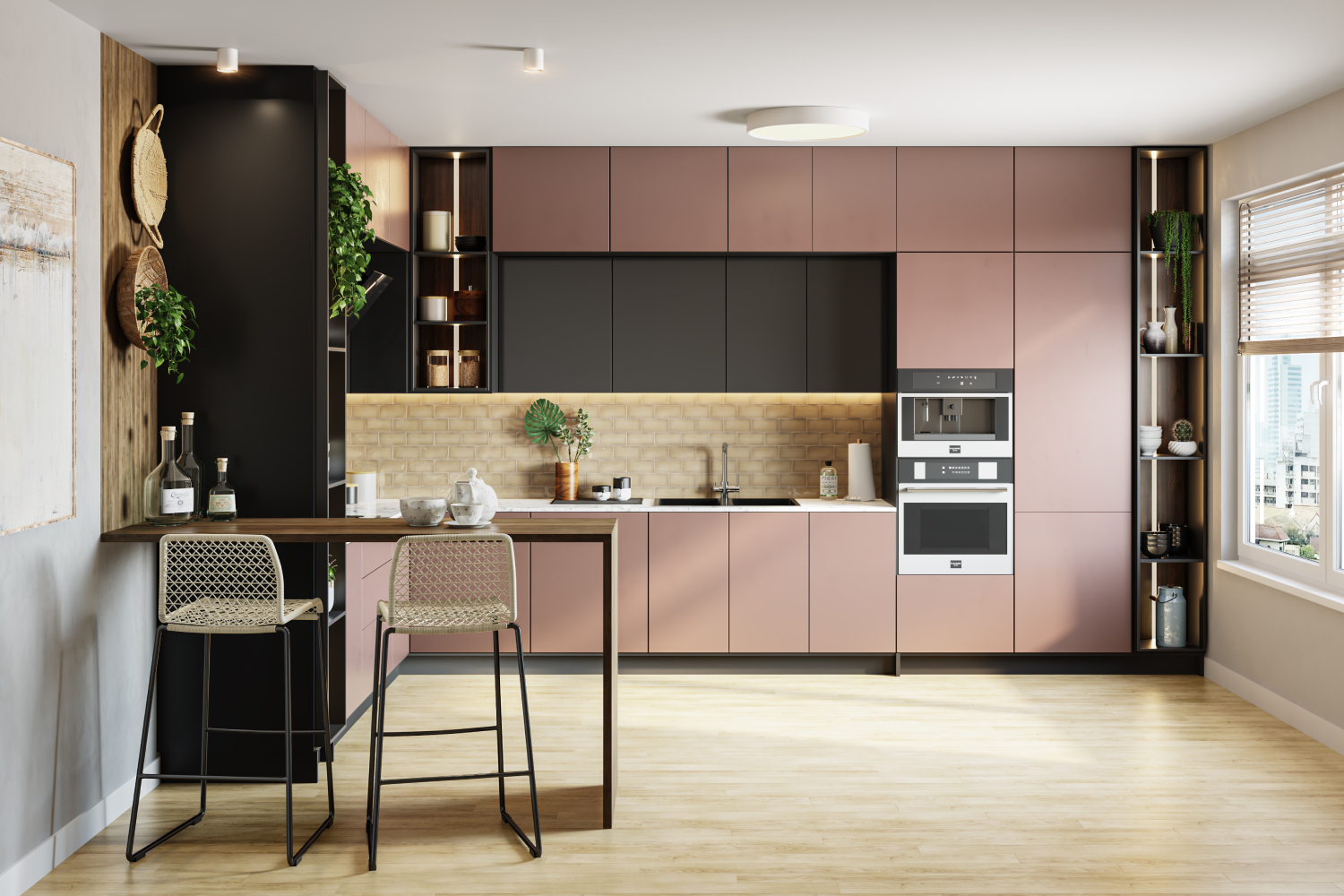 Modern Pink and Black L-Shaped Kitchen Design with Quartz Countertop ...