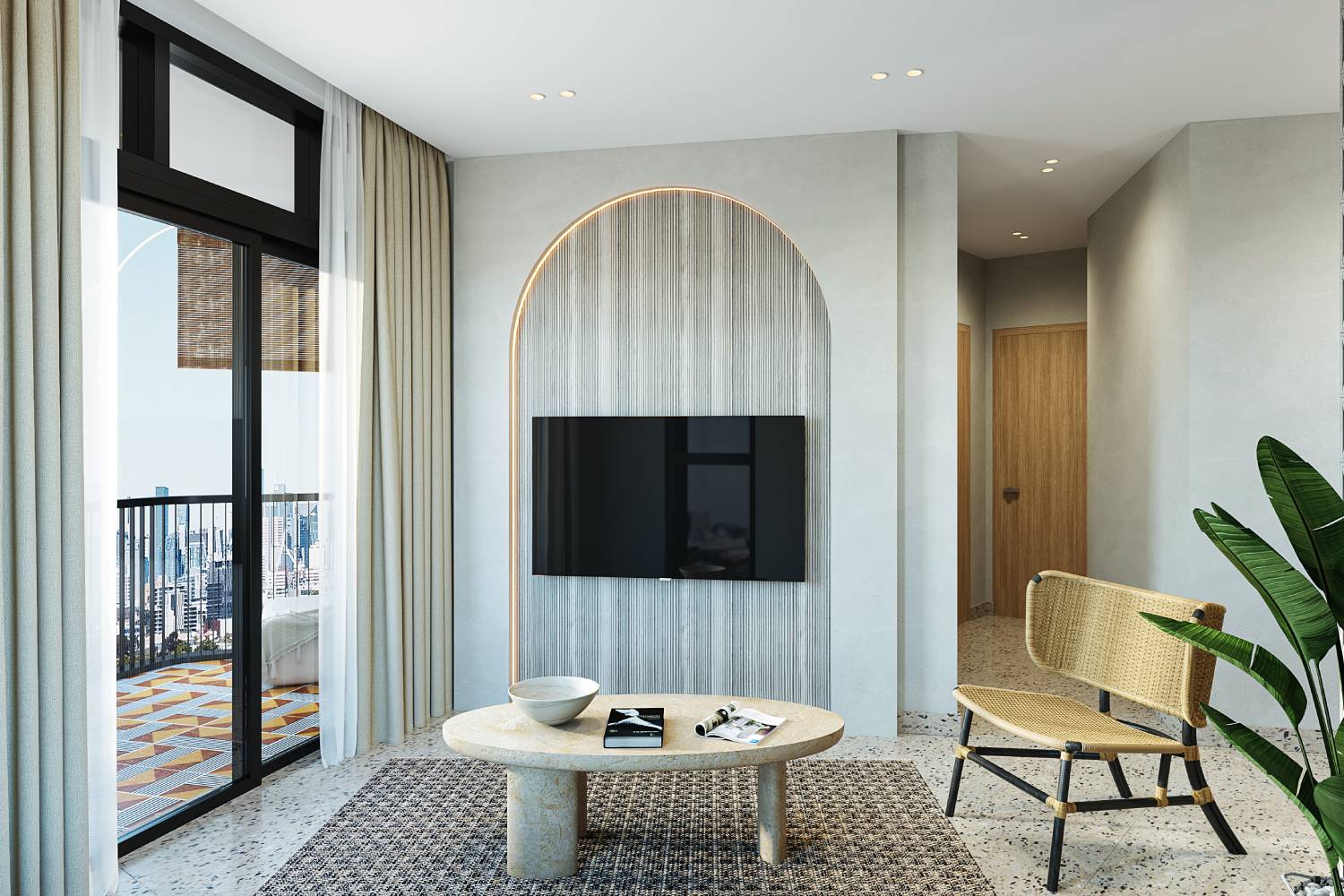 Light Grey TV Unit With Fluted Wall Panelling | Livspace