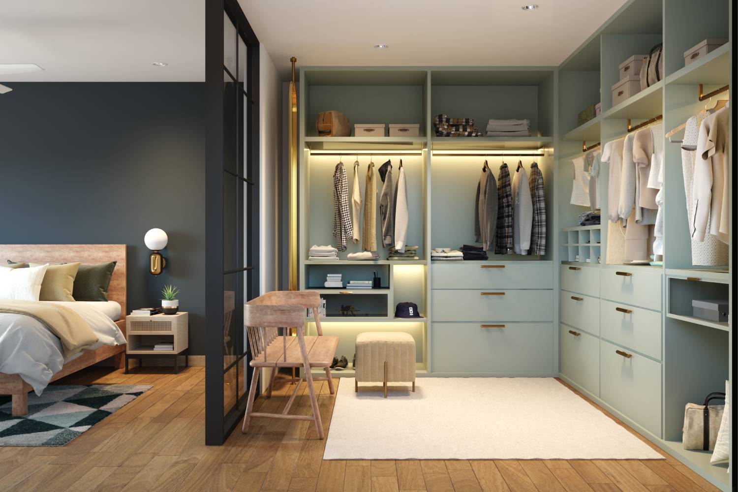Open L Shaped Pista Green Wardrobe Design | Livspace
