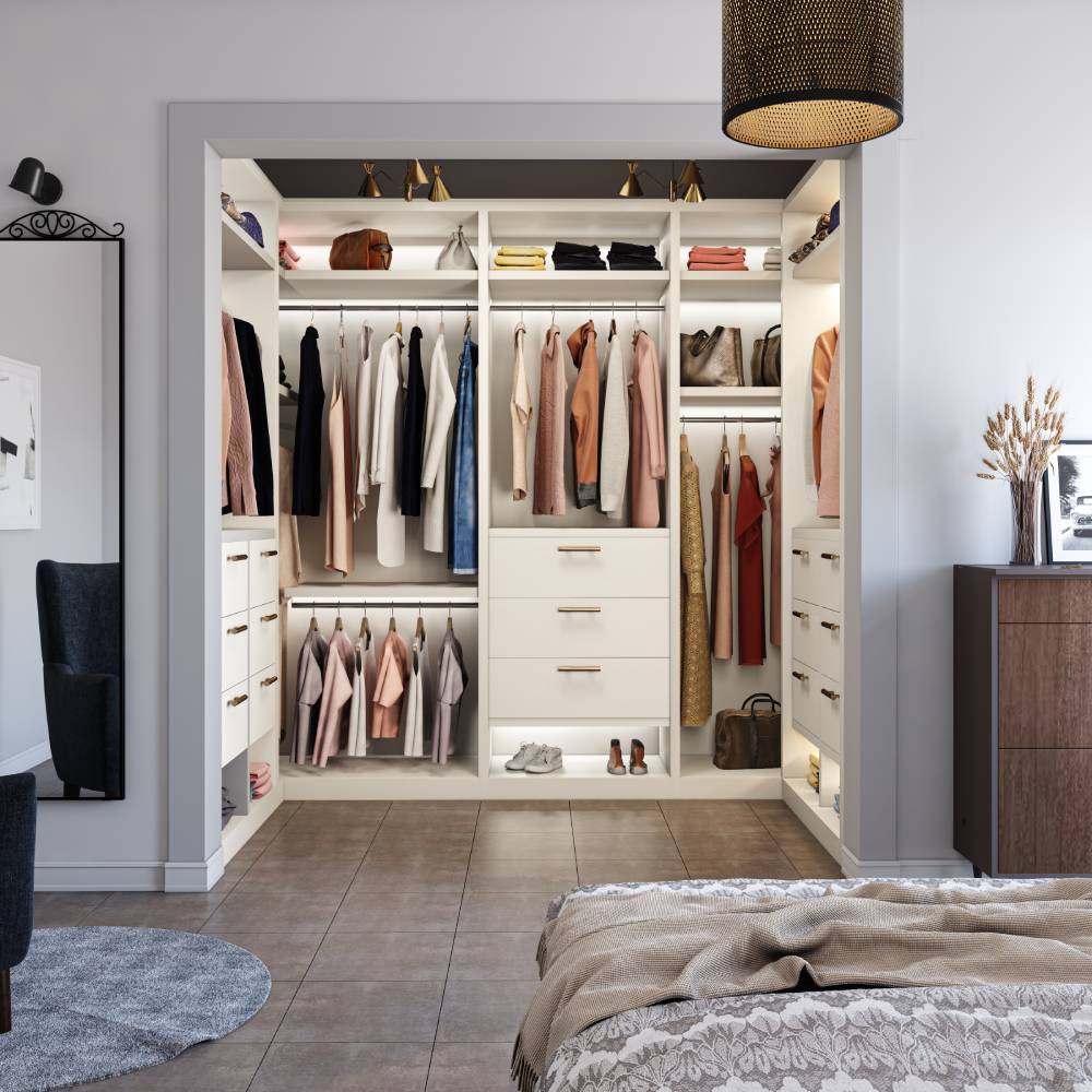 White U-Shaped Walk-In Wardrobe Without Doors | Livspace