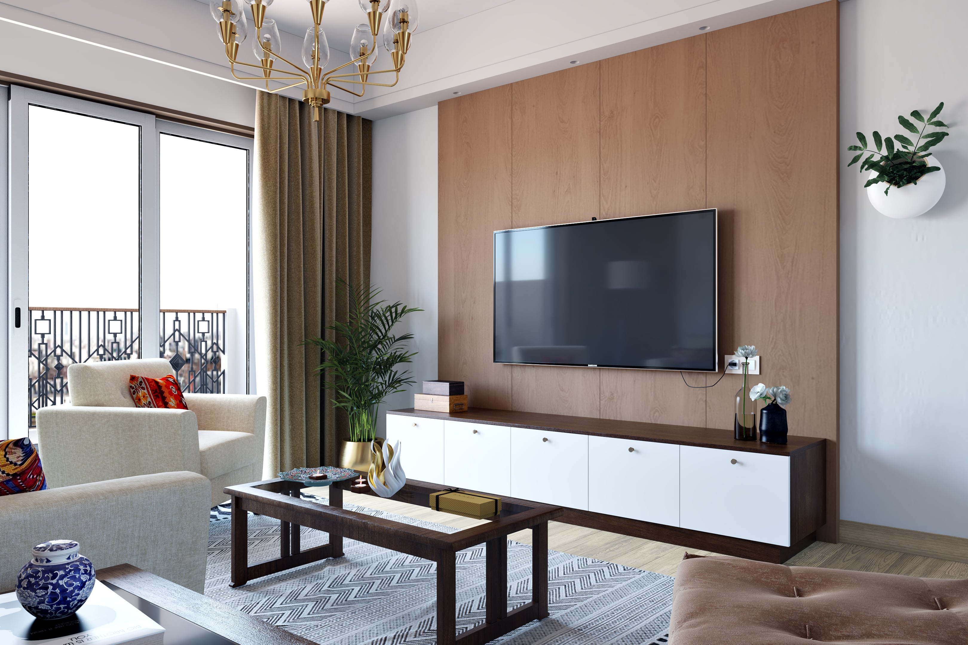 Spacious TV Unit Design With Large Wooden Panel | Livspace