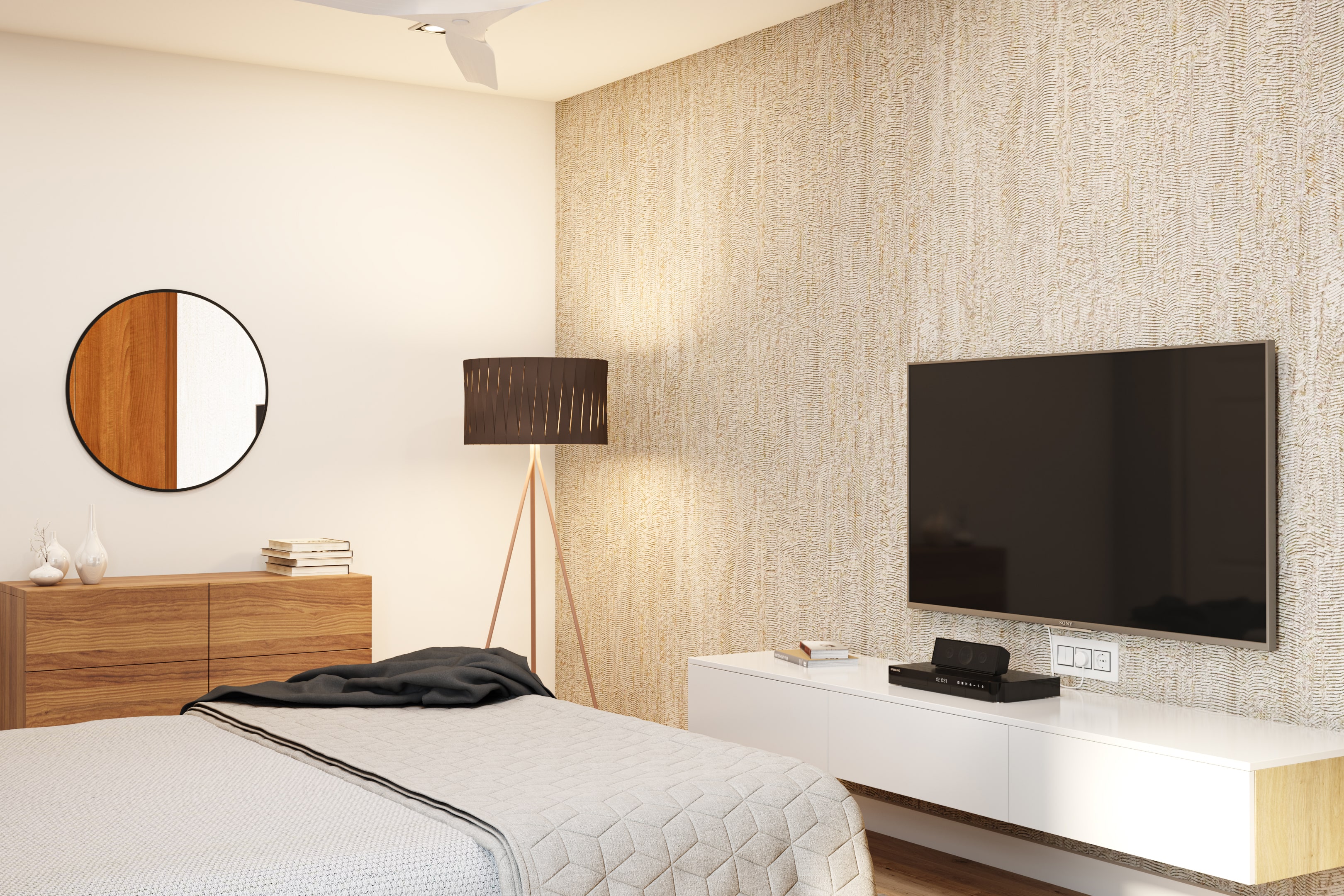 Compact TV Unit Design With Textured Wallpaper | Livspace