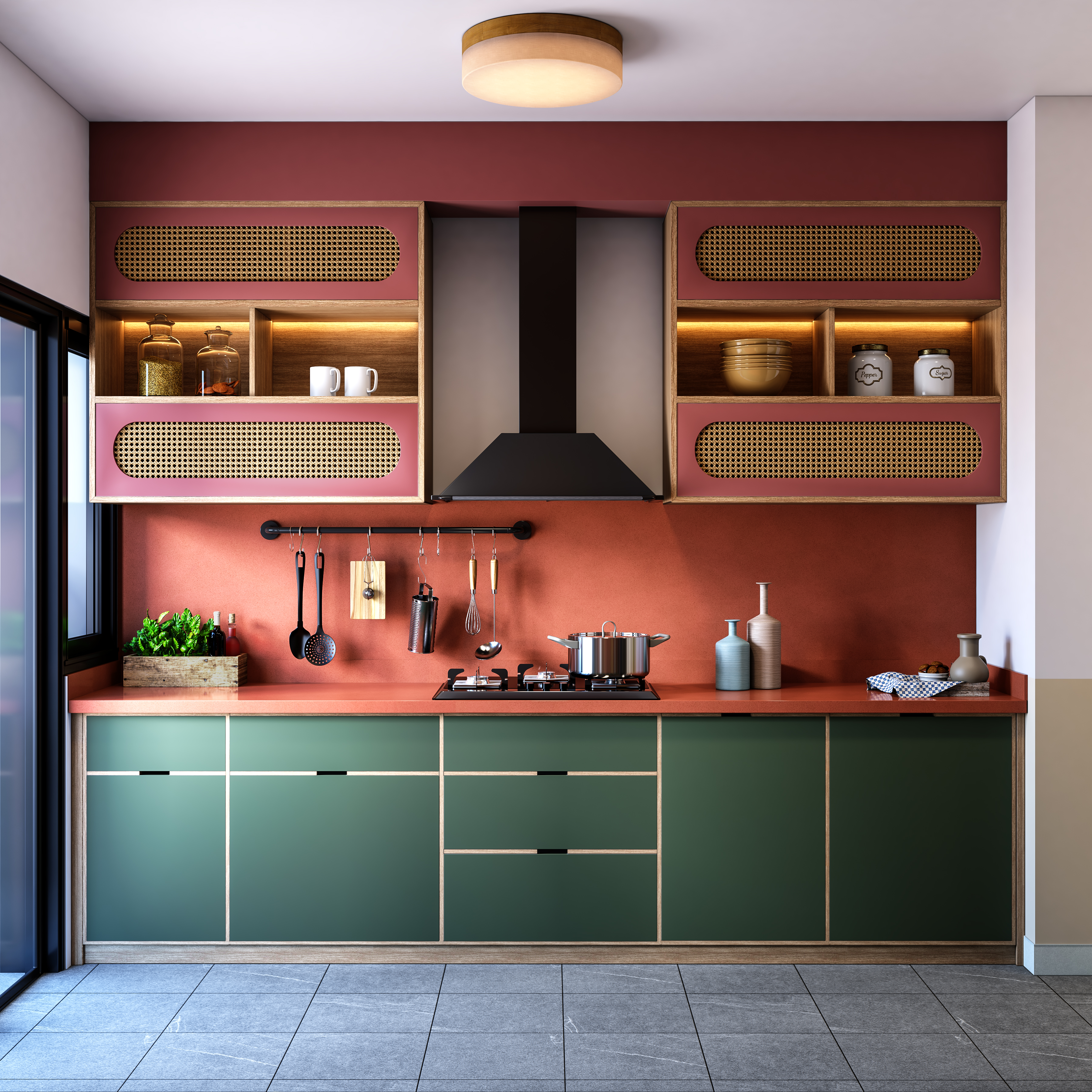 Spacious Orange And Green Kitchen Design | Livspace