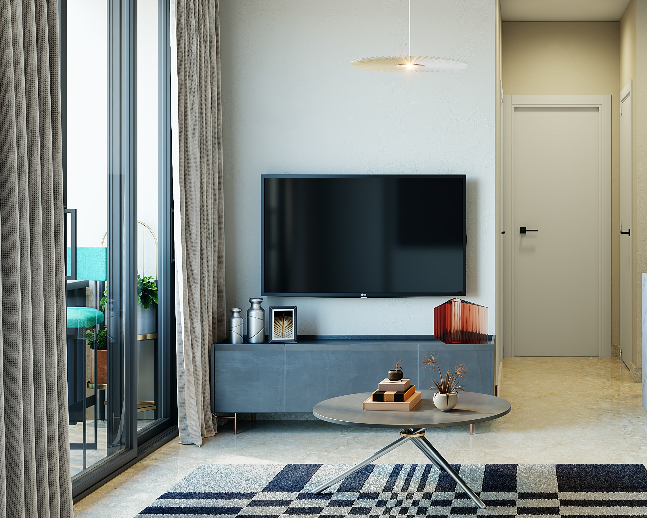 Floor-Mounted TV Console Design With A Pendant Light | Livspace