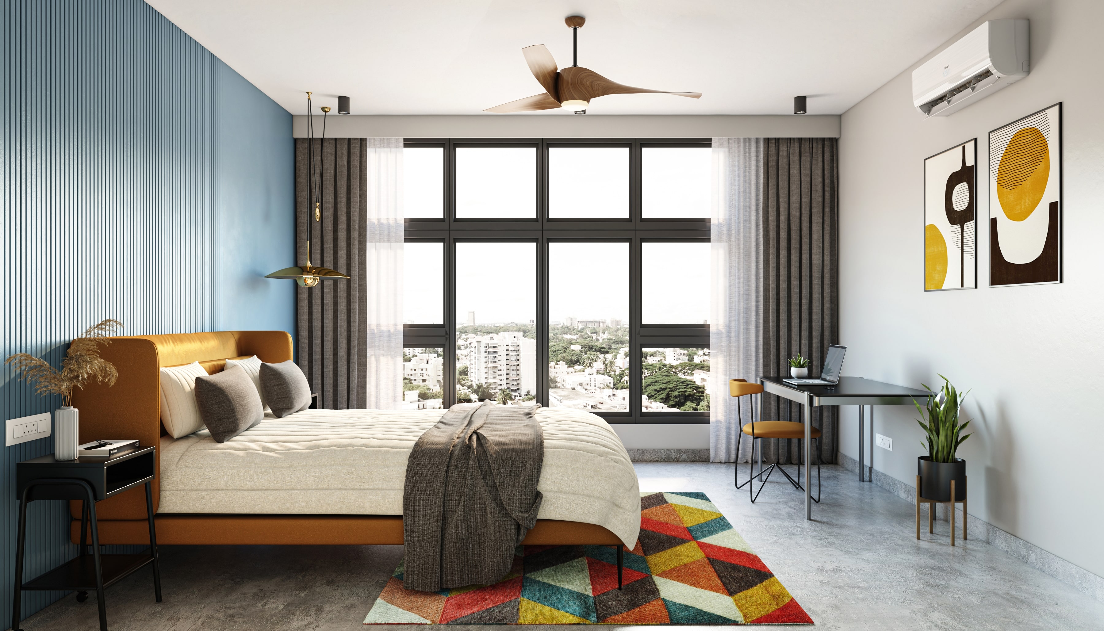 Spacious Bedroom Design With Vertical Blue Wall Rafters | Livspace