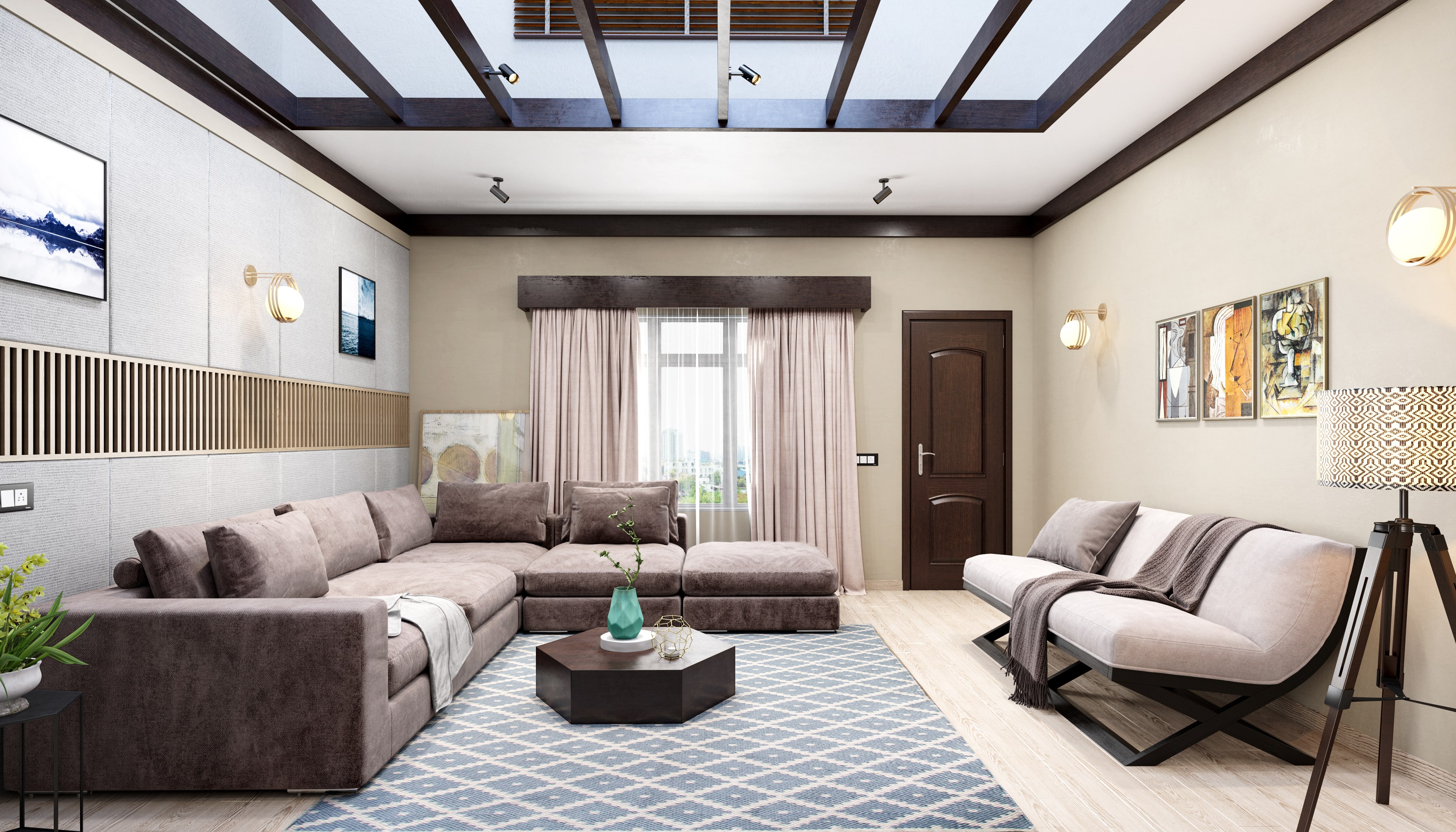 Spacious Living Room Design With Wooden Panelling | Livspace
