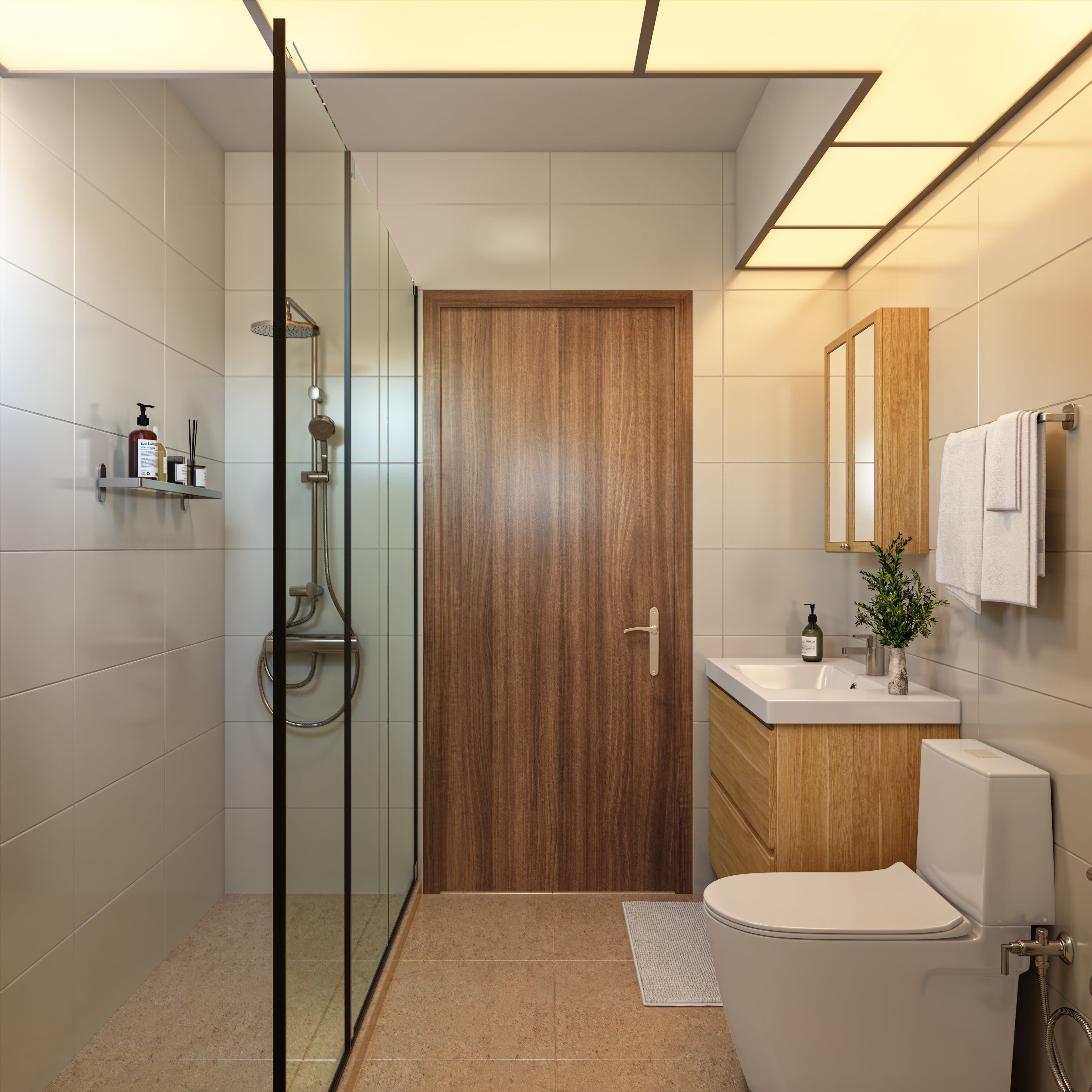 Beige And White Bathroom Design With Shower Partition | Livspace