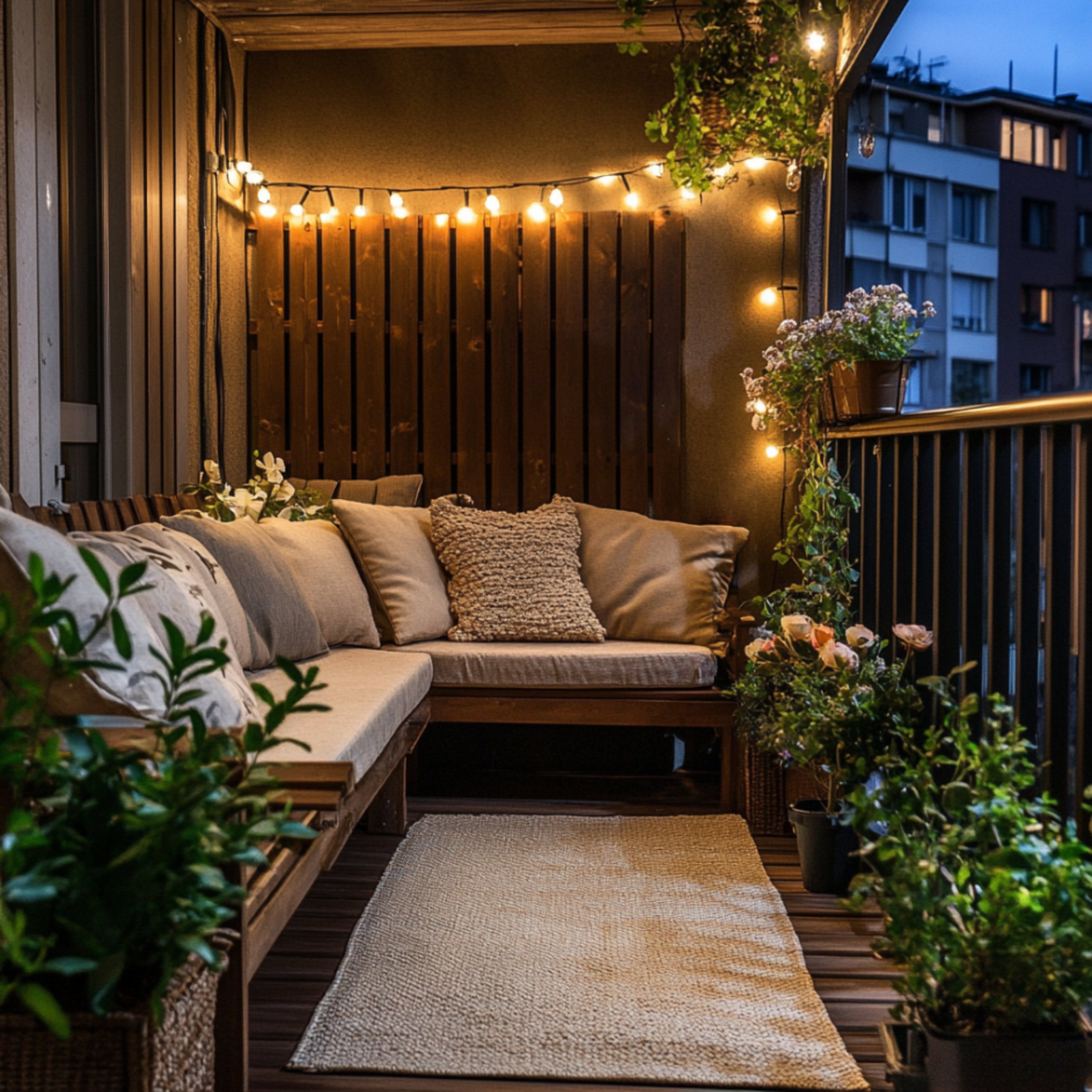 Rustic Balcony Design With Wooden Slats, Built-in Wooden Seating and ...