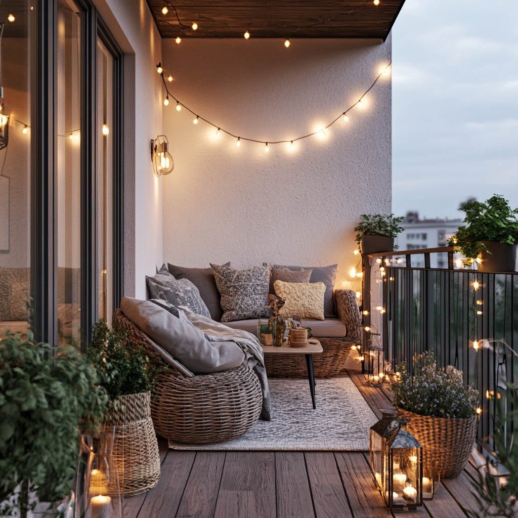 Contemporary Balcony Design With String Lights And Comfortable Seating ...
