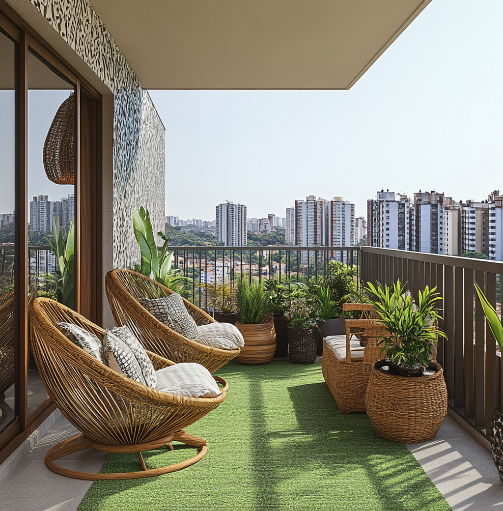 Contemporary Balcony With a Textured and Patterned Surface Wall and Egg ...