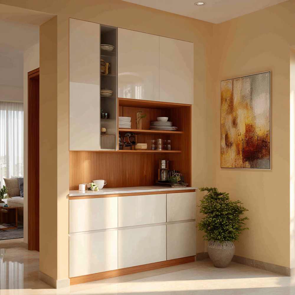 Modern Crockery Unit Design in White with Open Storage in High Gloss ...