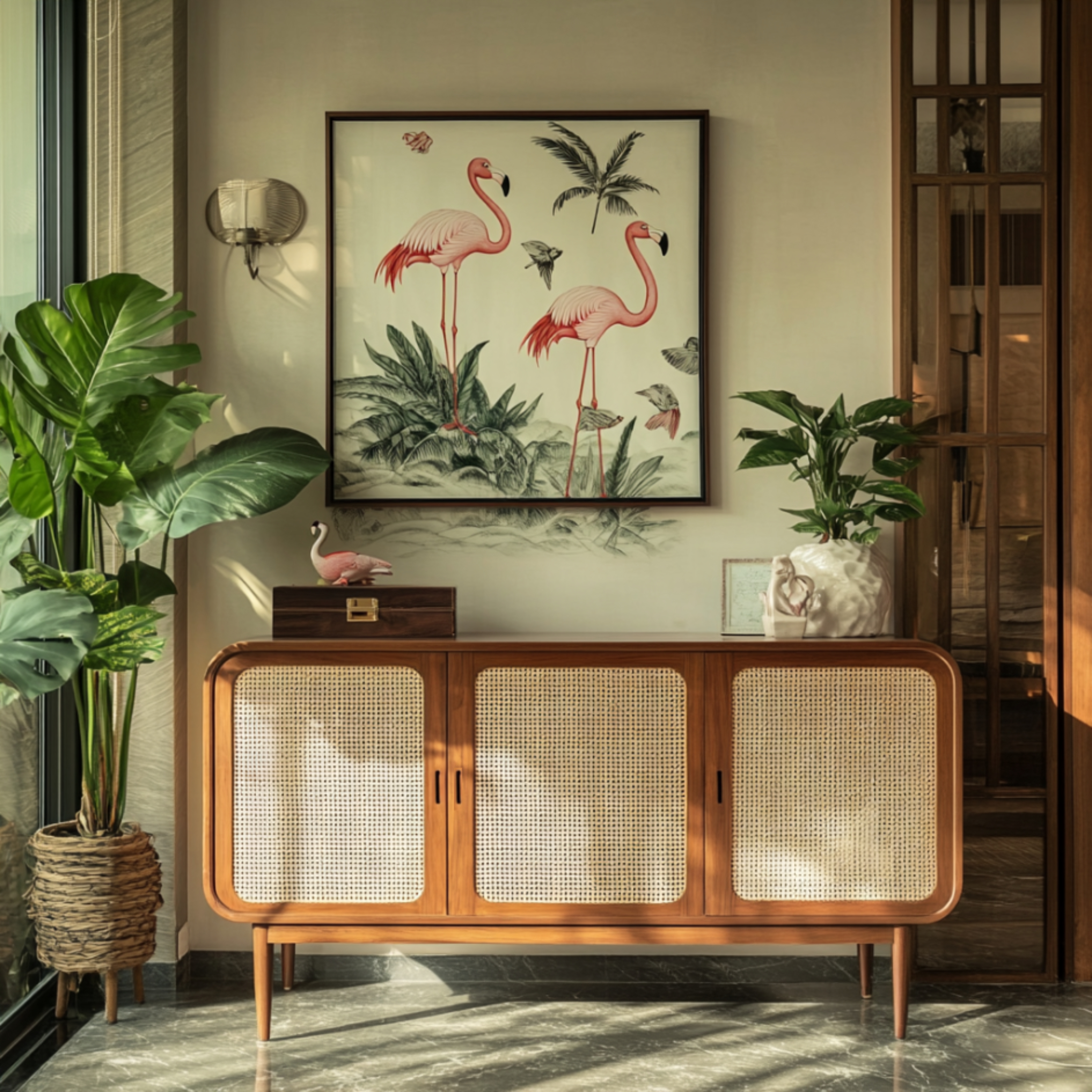 Tropical Foyer Design with Organic Mirror and Wood-Finished Storage ...