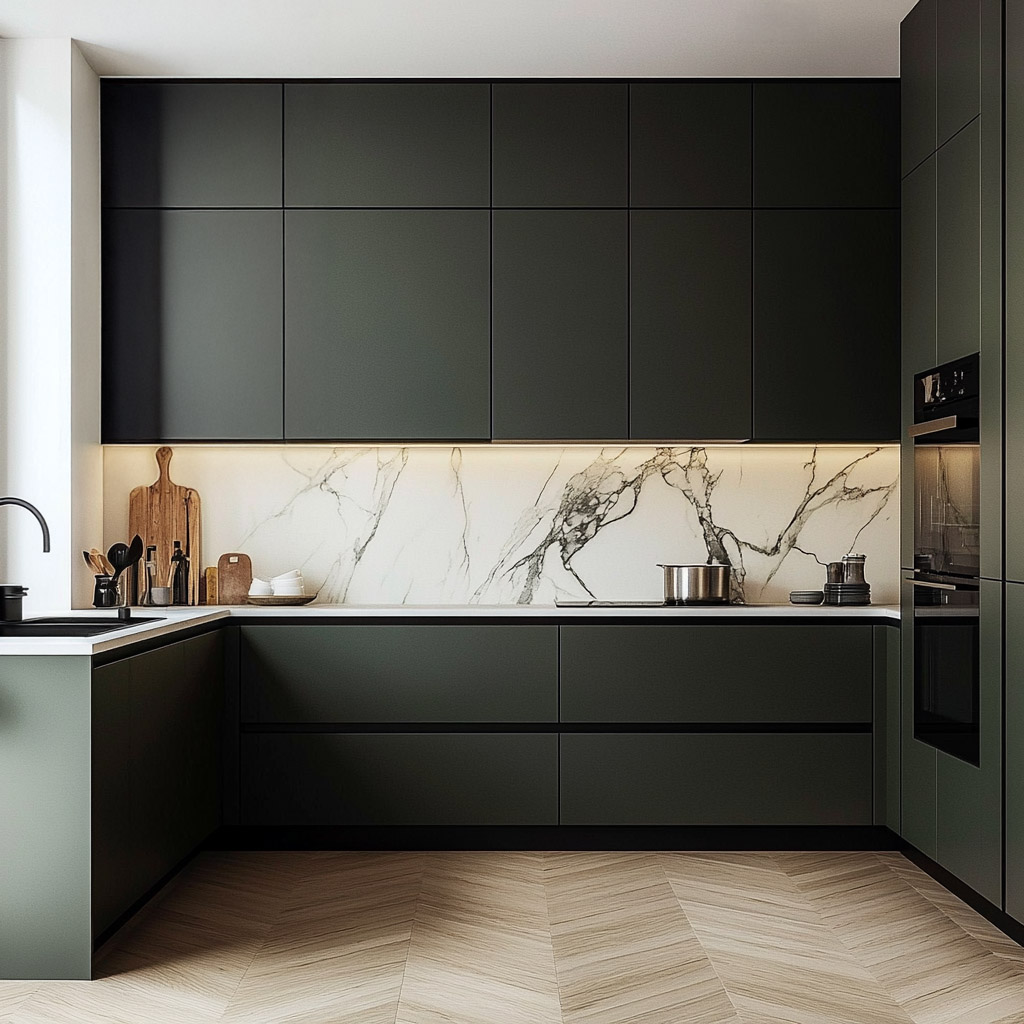 Contemporary L-Shaped Kitchen Design With Suede Grey Cabinets and ...